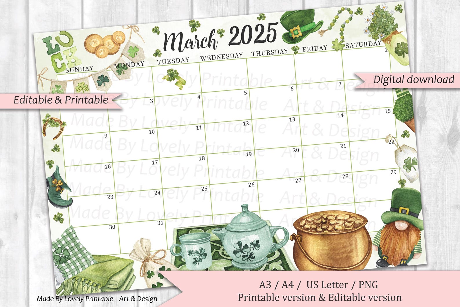 EDITABLE March 2025 Calendar, Happy St. Patrick's Day Planner ...