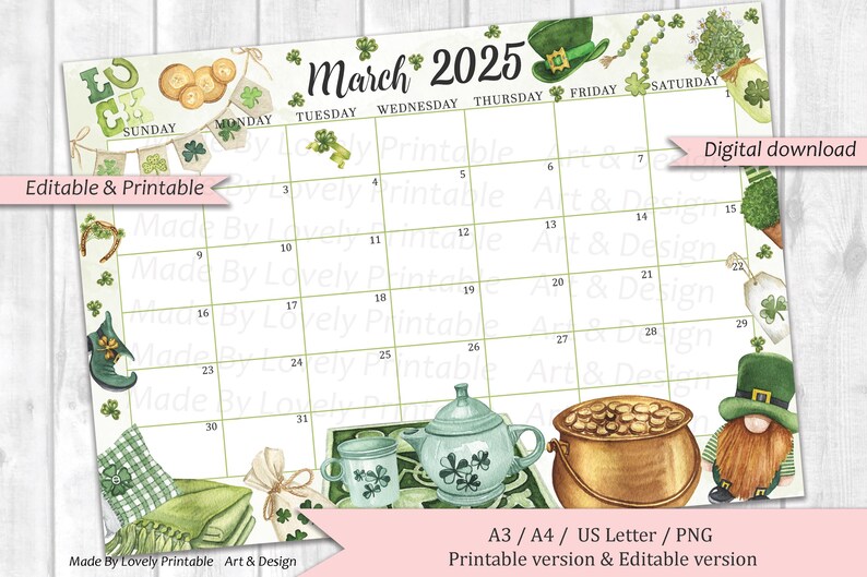 EDITABLE March 2025 Calendar, Happy St. Patrick's Day Planner, Printable Fillable Classroom ...
