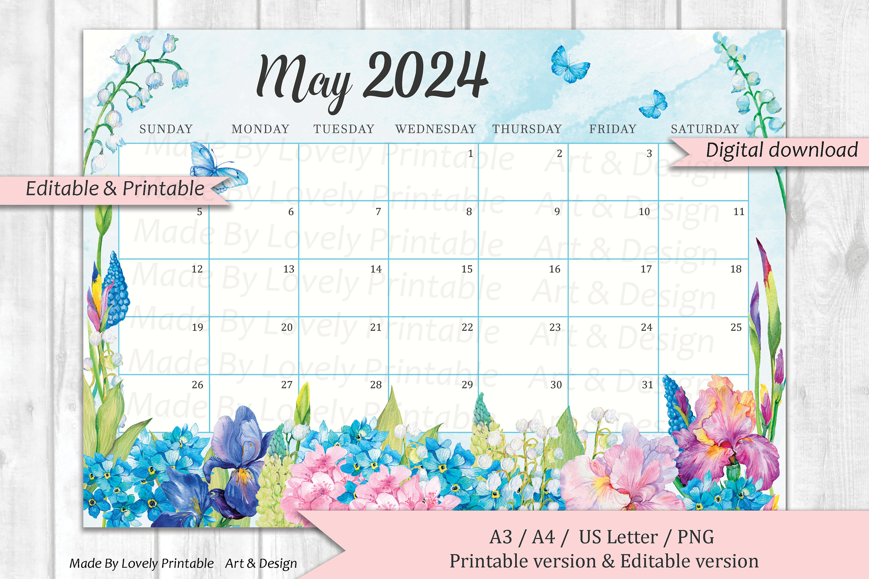 EDITABLE May 2024 Calendar, Watercolor Spring Flowers, Garden Scenery ...