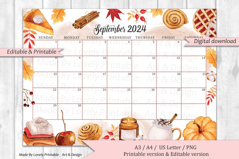 EDITABLE September 2024 Calendar, Cozy Autumn Mood, Beautiful Fall ...