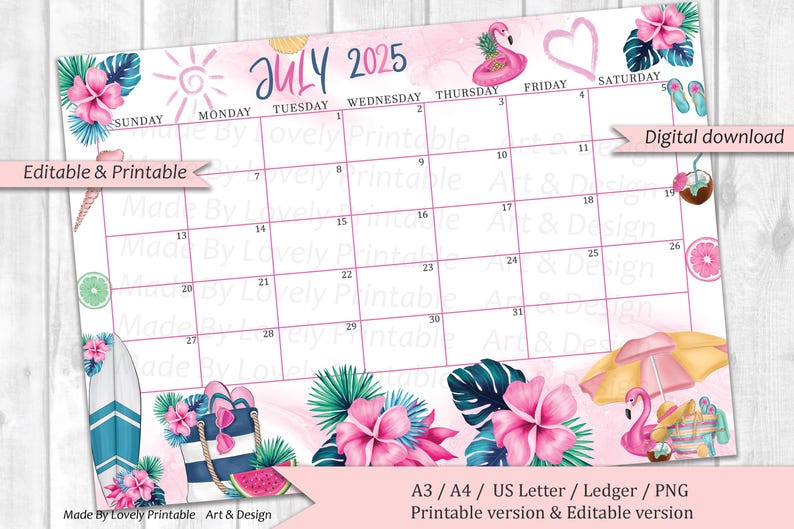EDITABLE July Calendar, Summer at the Beach, Sun and Beach, Calendar ...