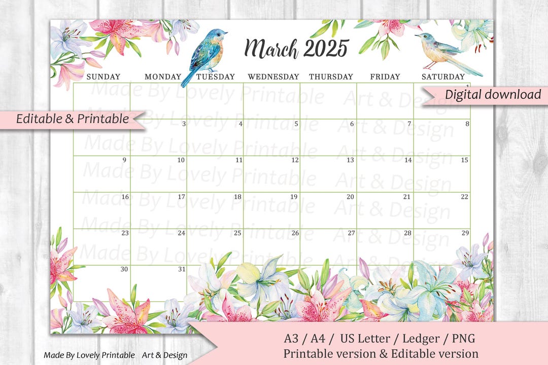EDITABLE March 2025 Calendar, Watercolor Spring Flowers, Garden Scenery ...