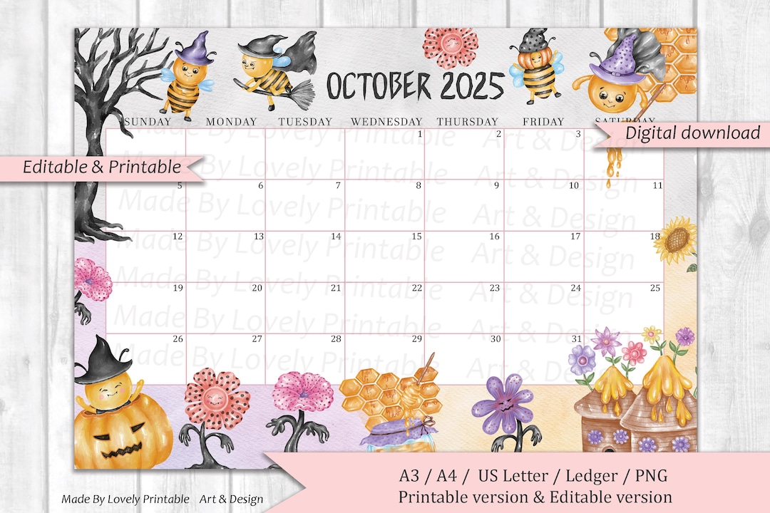 EDITABLE October 2025 Calendar, Happy Halloween With Cute Bees ...