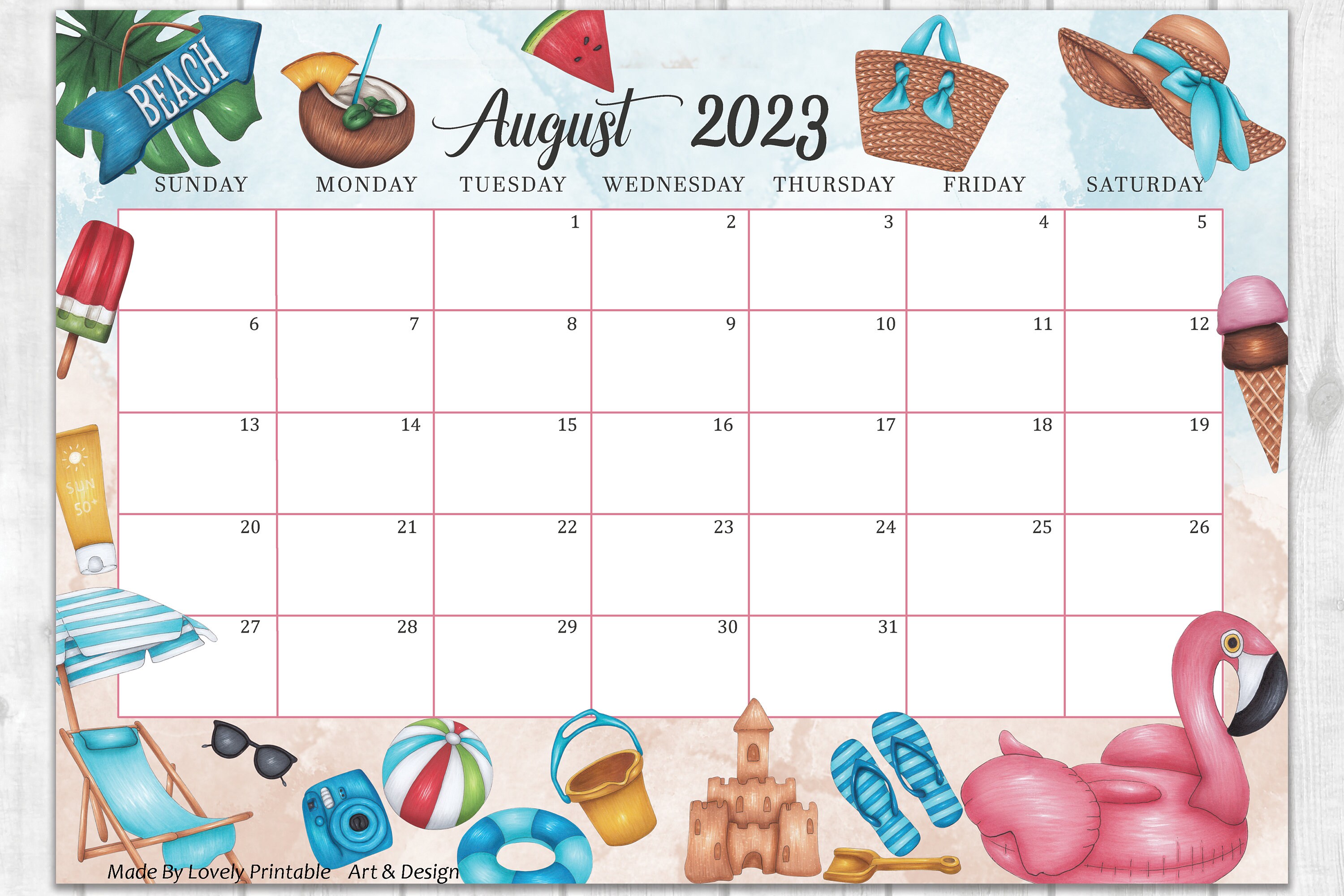 EDITABLE August Calendar Summer at the Beach With Cute Sun - Etsy
