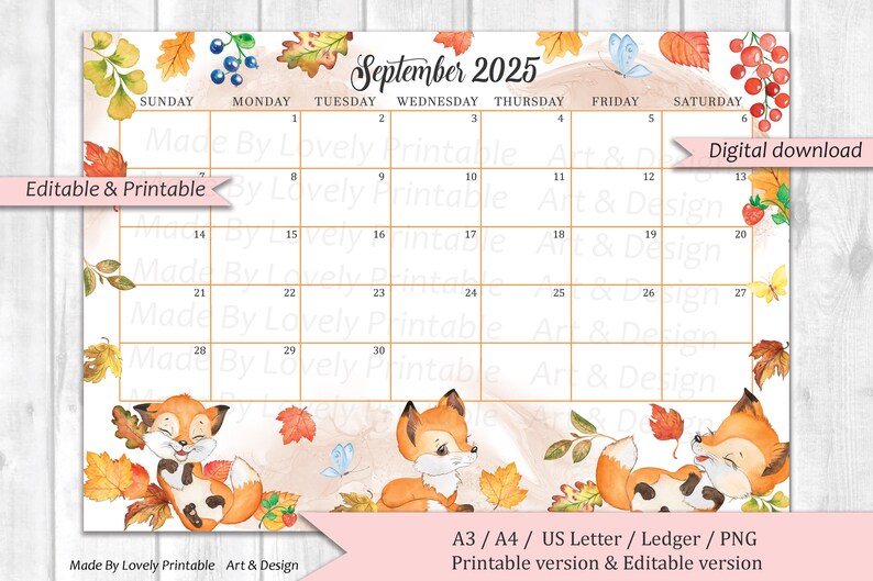 EDITABLE September 2025 Calendar, Cute Watercolor Fox, Forest Animal ...