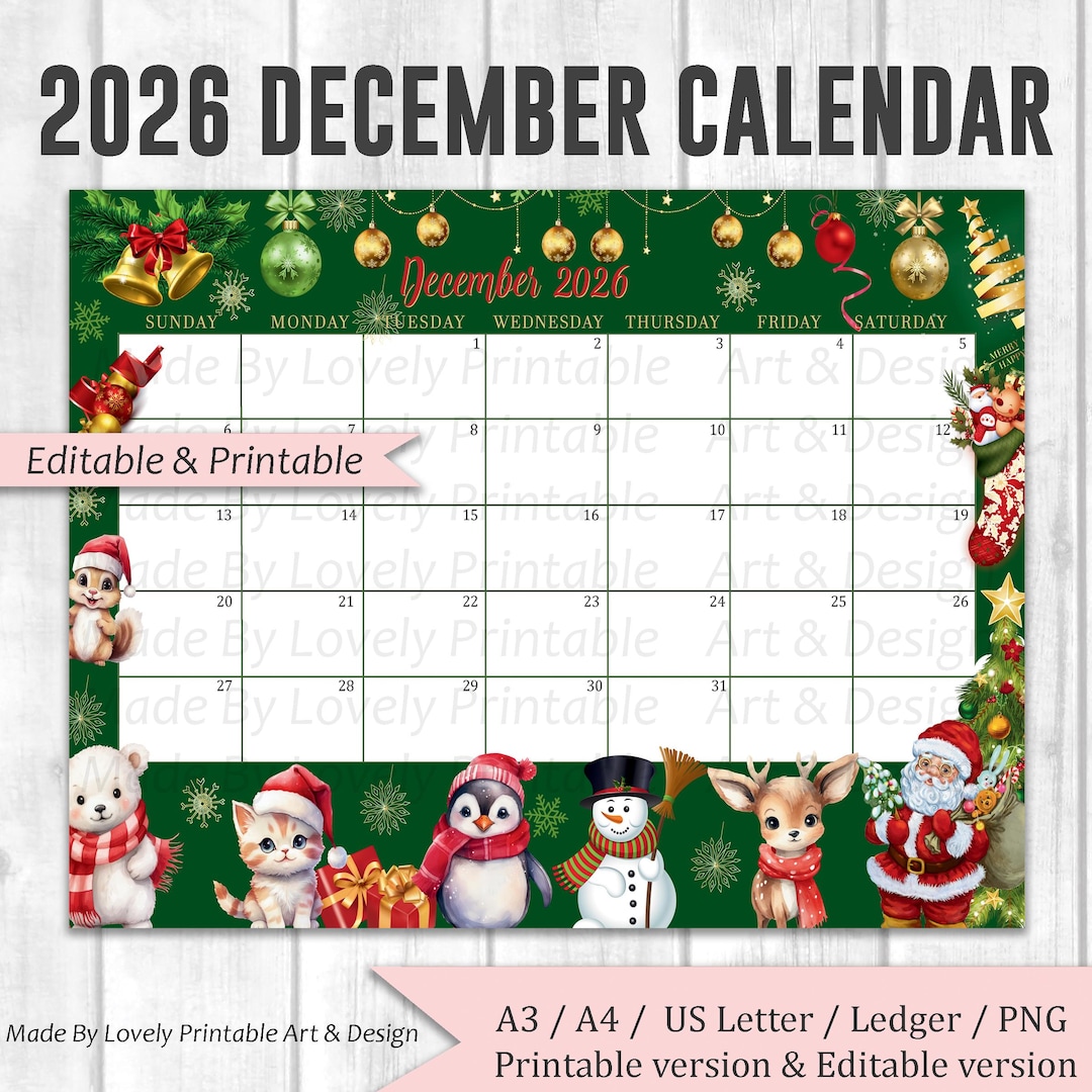 EDITABLE December 2026 Calendar, Joyful Merry Christmas, Printable ...