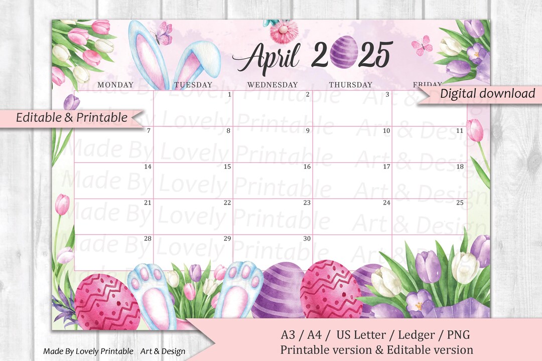 EDITABLE April 2025 Calendar, Monthly Planner, Happy Easter Day, Cute ...