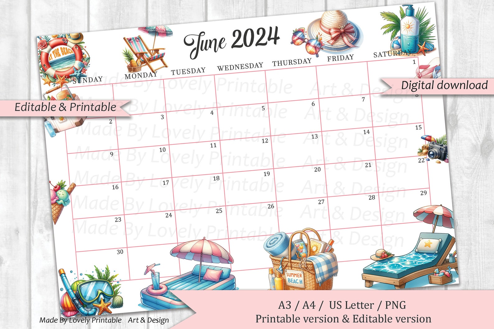 EDITABLE June Calendar, Summer Beach, Joyful & Colorful Summer at the ...