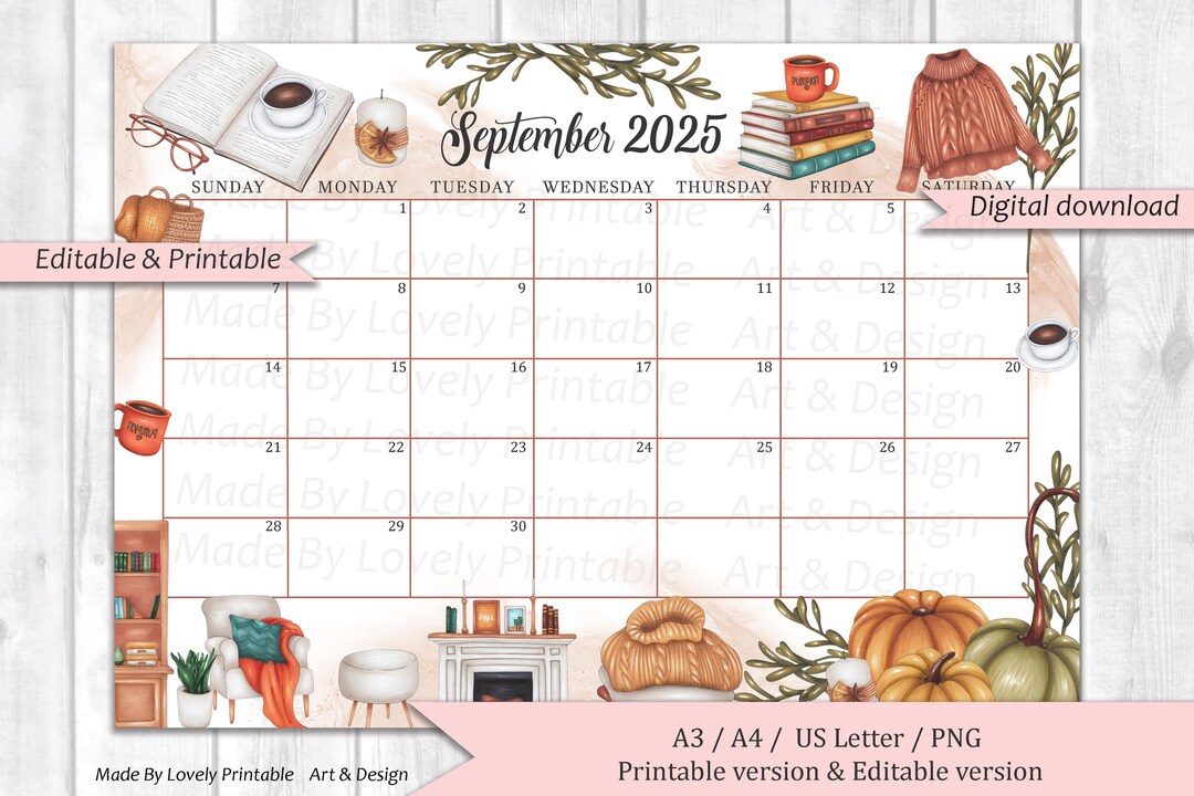 EDITABLE September 2025 Calendar, Cozy Autumn Mood, Beautiful Fall ...