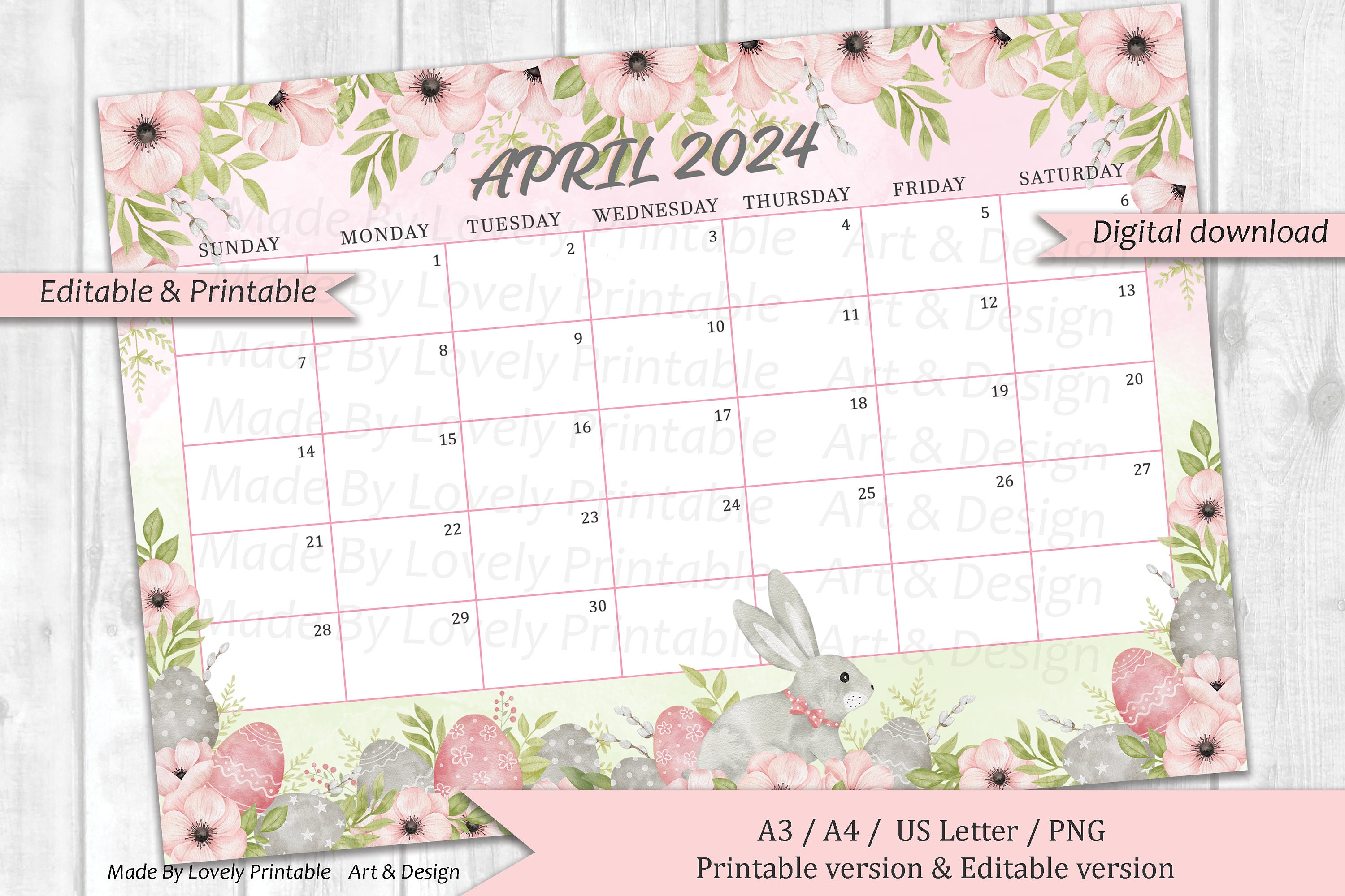 EDITABLE April 2024 Calendar, Monthly Planner, Happy Easter Day ...