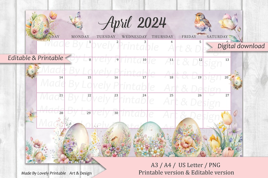 EDITABLE April 2024 Calendar, Monthly Planner, Happy Easter Day ...