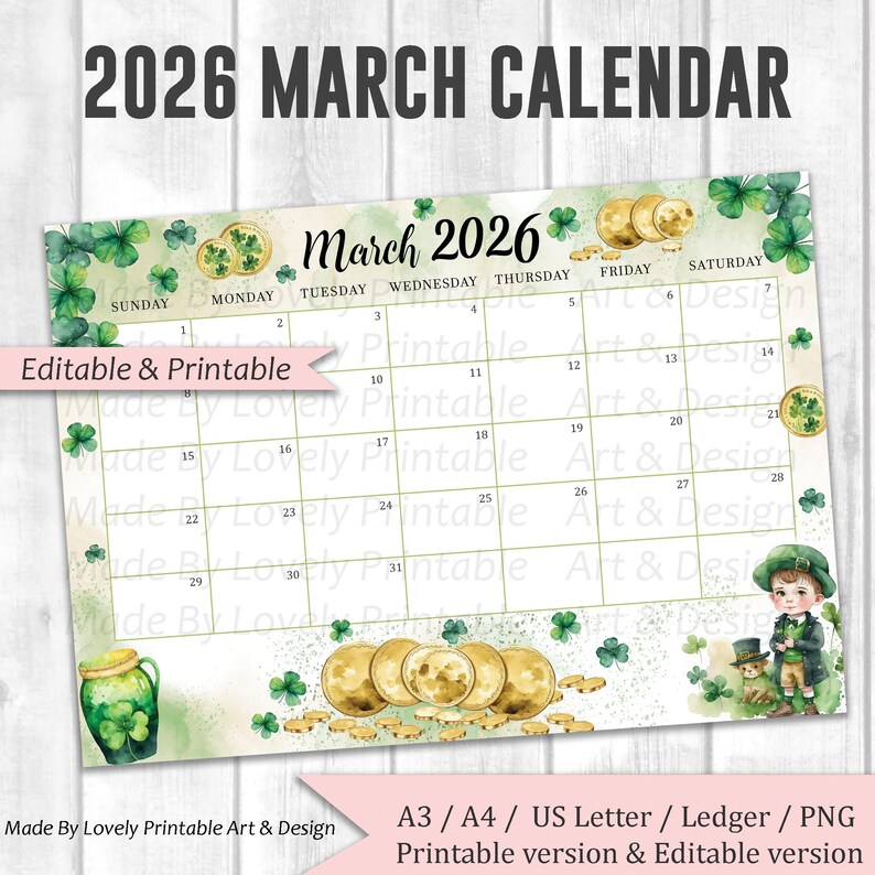 EDITABLE March 2026 Calendar, Happy St.patrick's Day Planner, Printable ...