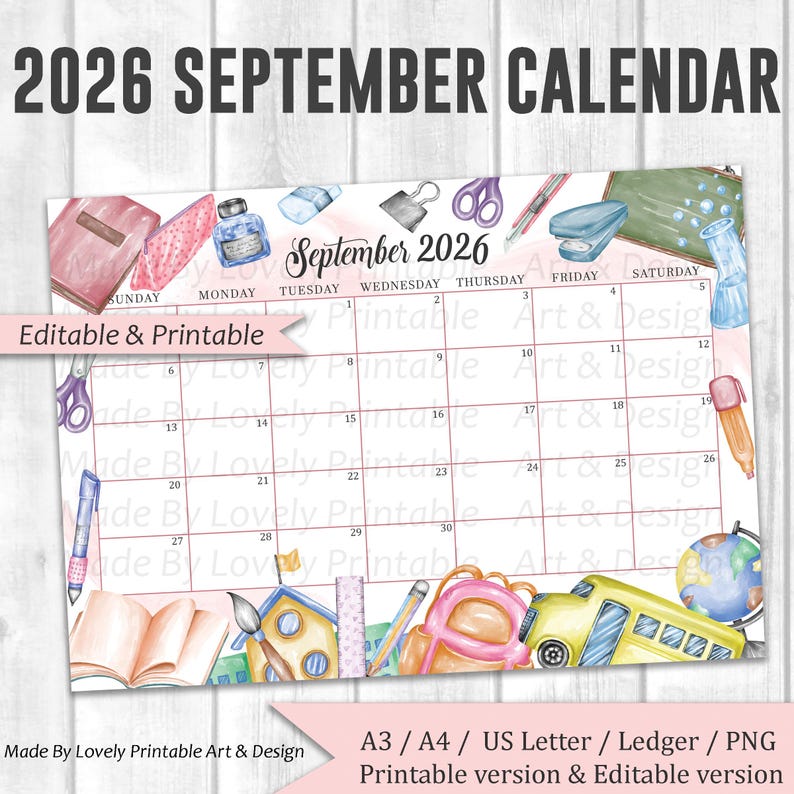 EDITABLE September 2026 Calendar, Back to School Planner, Calendar for ...