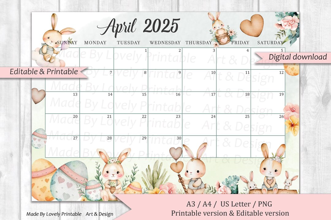 EDITABLE April 2025 Calendar, Monthly Planner, Happy Easter Day, Cute ...