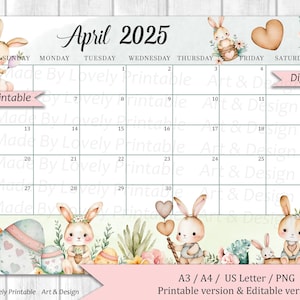 EDITABLE April 2025 Calendar, Monthly Planner, Happy Easter Day, Cute ...
