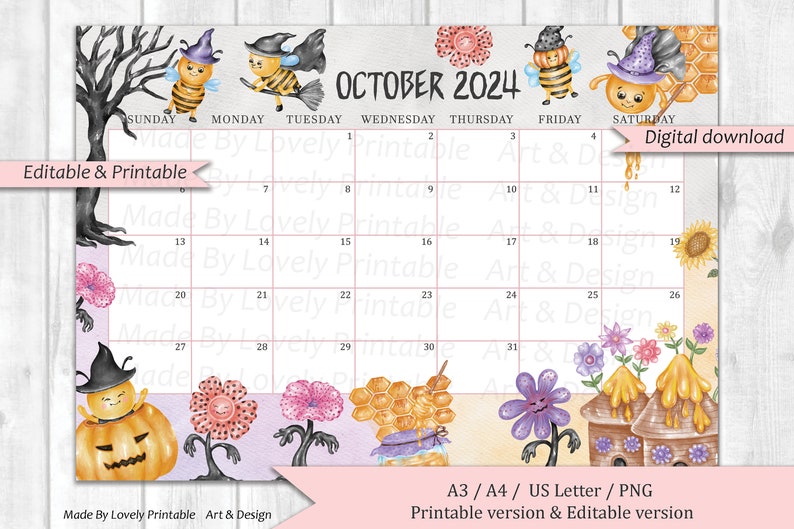 EDITABLE October 2024 Calendar, Happy Halloween With Cute Bees ... EDITABLE October 2024 Calendar, Happy Halloween With Cute Bees ...