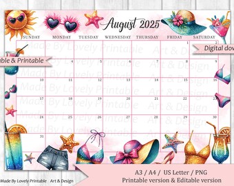 EDITABLE August 2024 Calendar, Relaxing Summer at the Beach With Summer ...