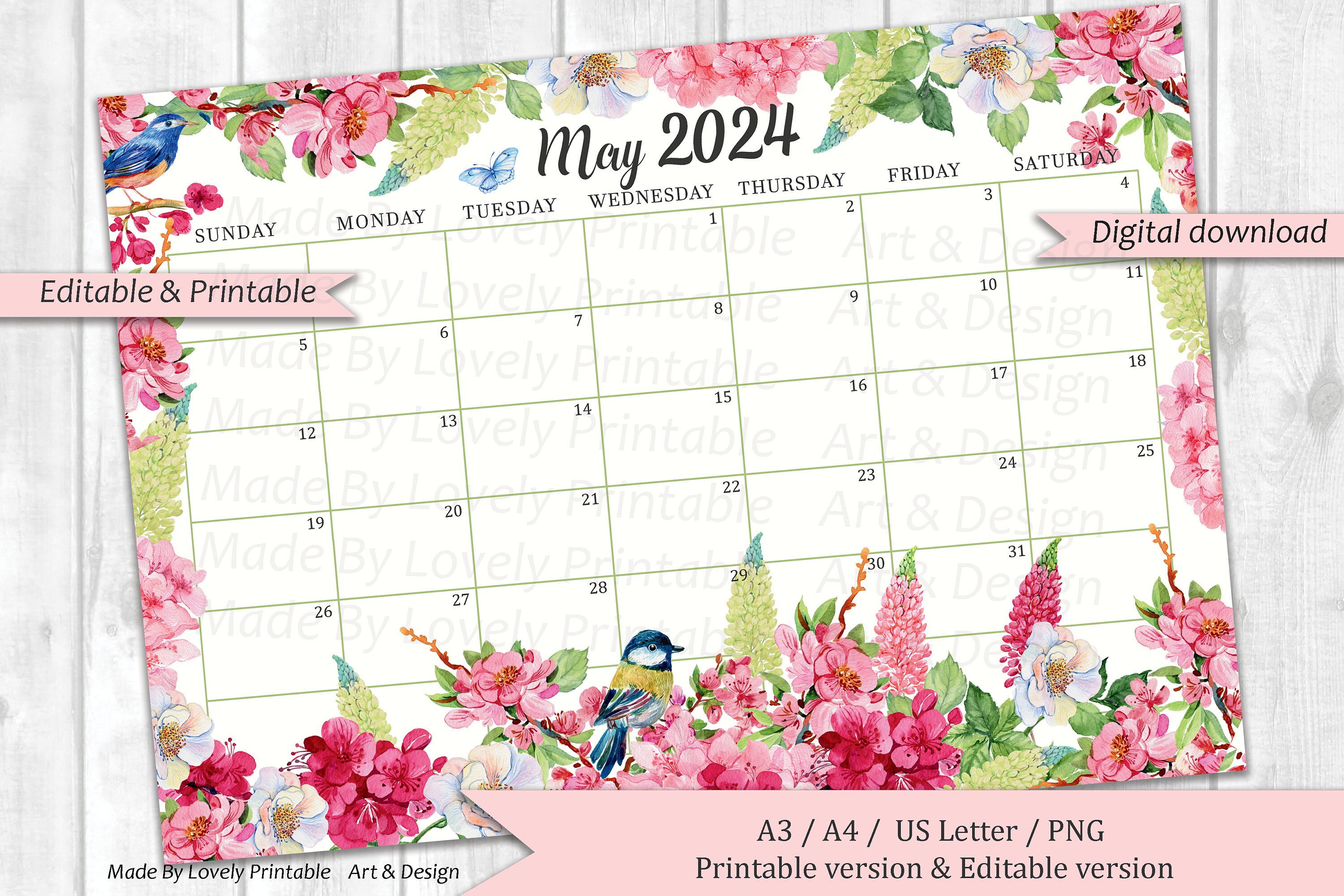 EDITABLE May 2024 Calendar, Watercolor Spring Flowers, Garden Scenery ...