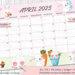 EDITABLE April 2025 Calendar, Happy Easter Day With Cute Bunnies ...