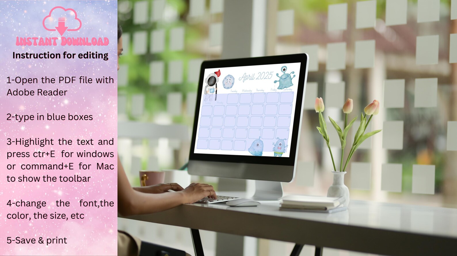 EDITABLE April 2025 Calendar, Monthly Planner, Space Calendar, Cute ...