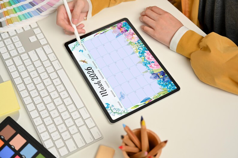 EDITABLE March 2026 Calendar, Watercolor Spring Flowers, Garden Scenery ...