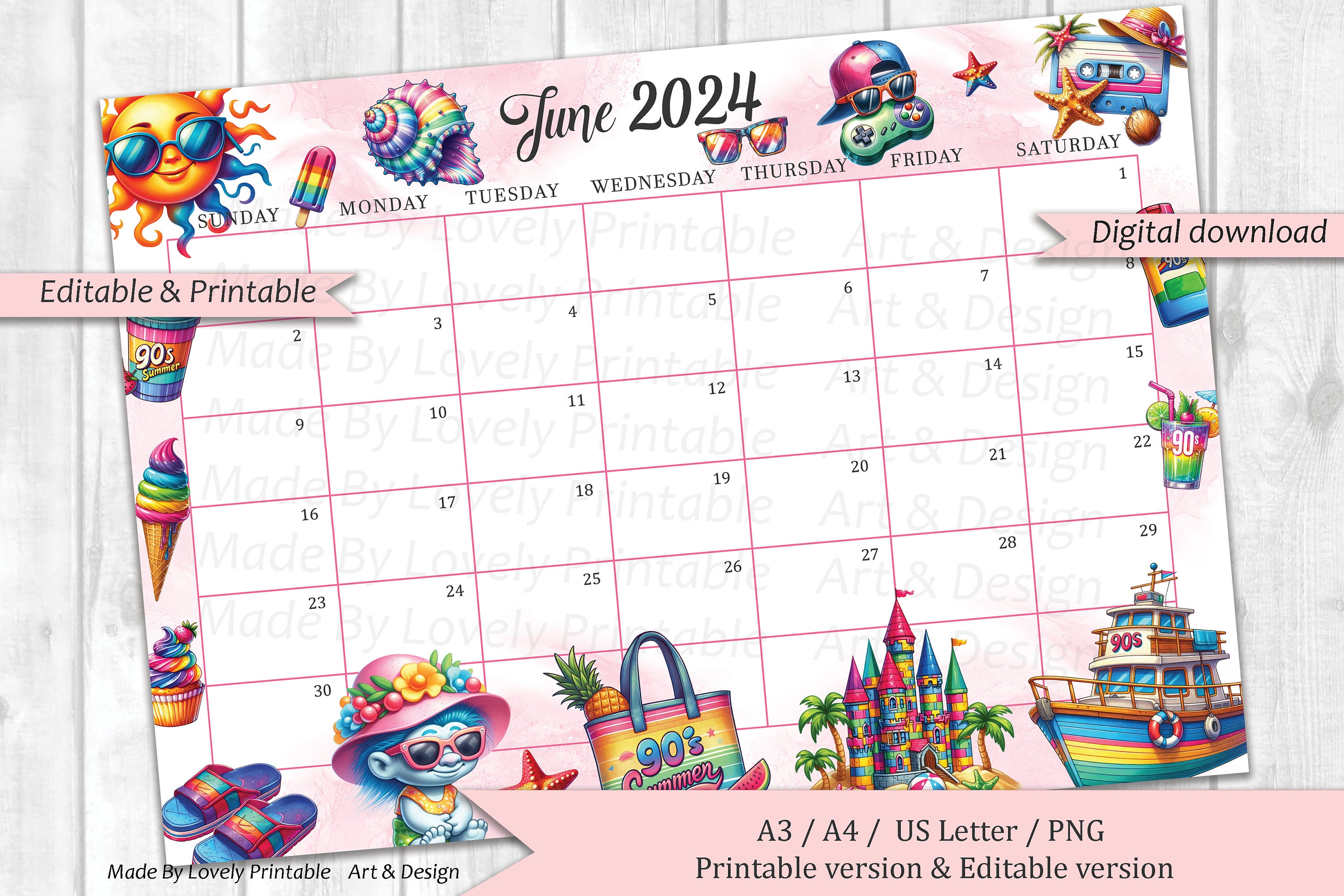 EDITABLE June Calendar, Summer at the Beach, 90s Summer Beach ...