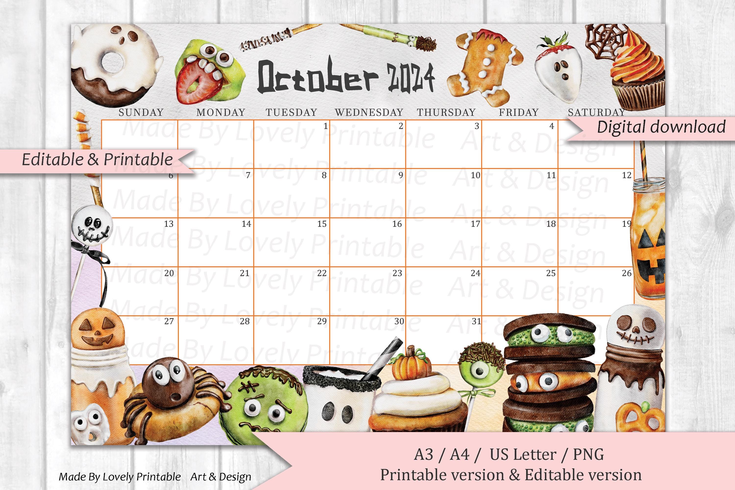 EDITABLE October Calendar, Cute Spooky Halloween Sweet Desserts ...