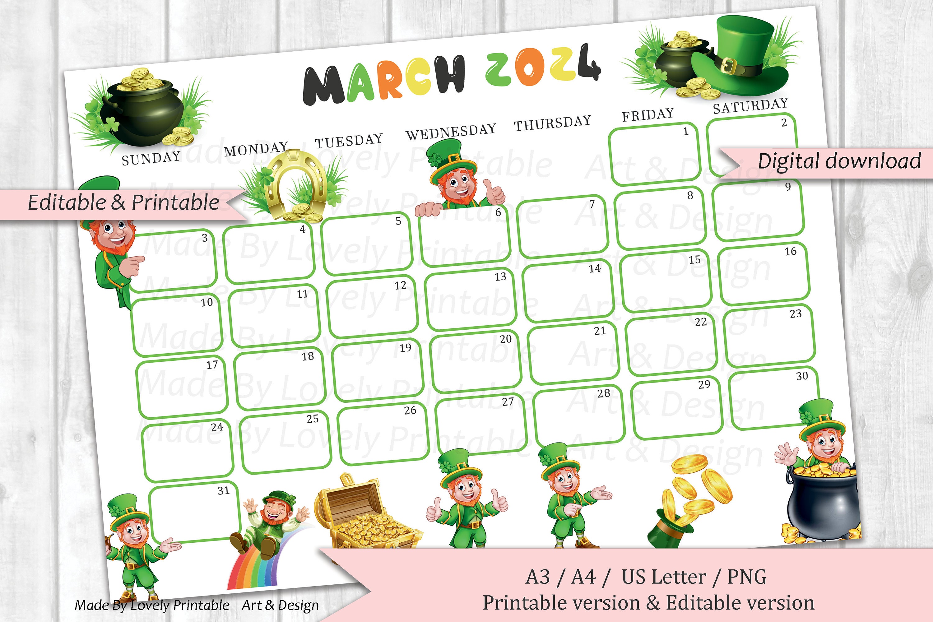 EDITABLE March 2023 Calendar, Happy St.patrick's Day Planner, Printable ...