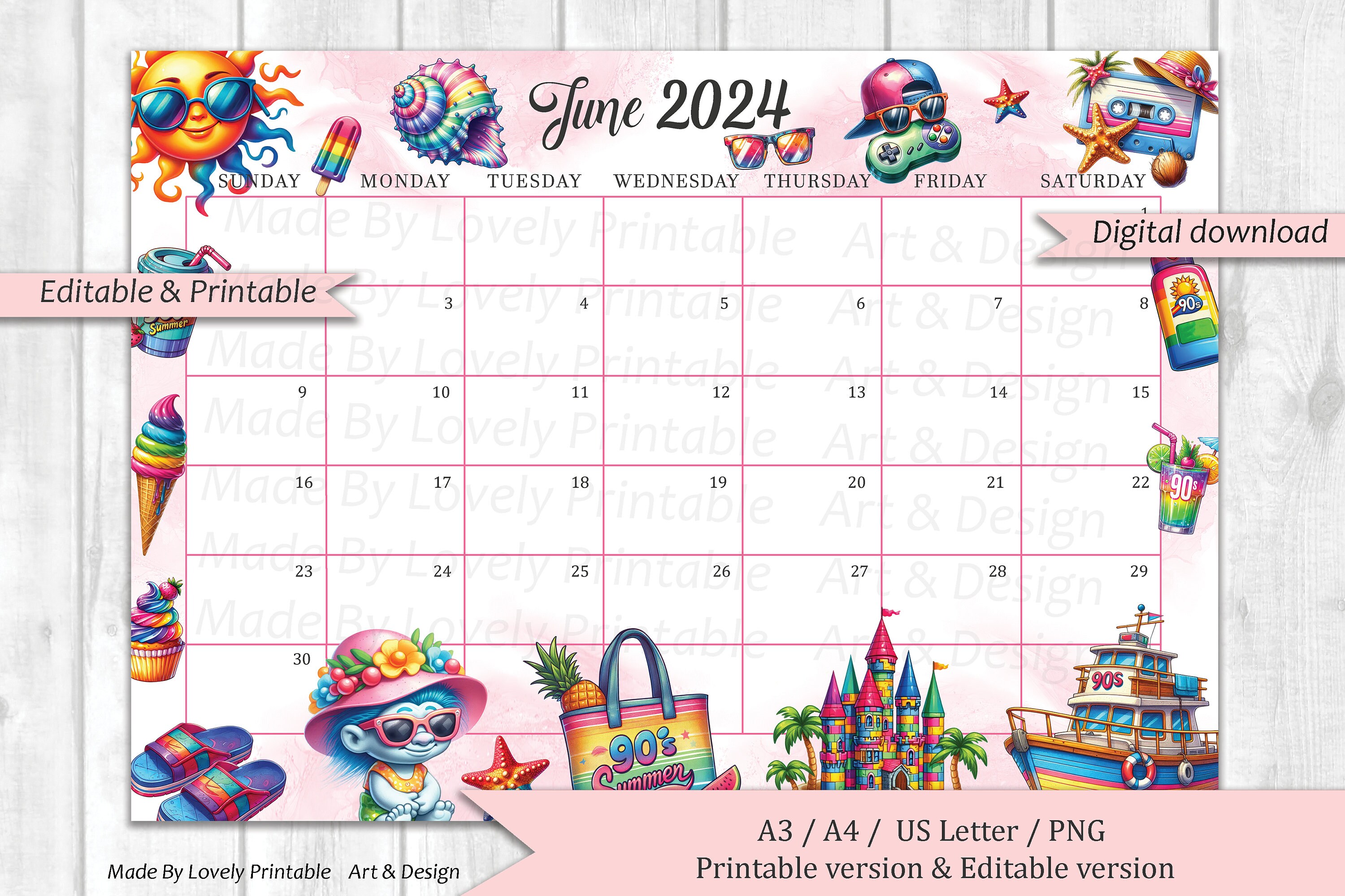 EDITABLE June Calendar, Summer at the Beach, 90s Summer Beach ...