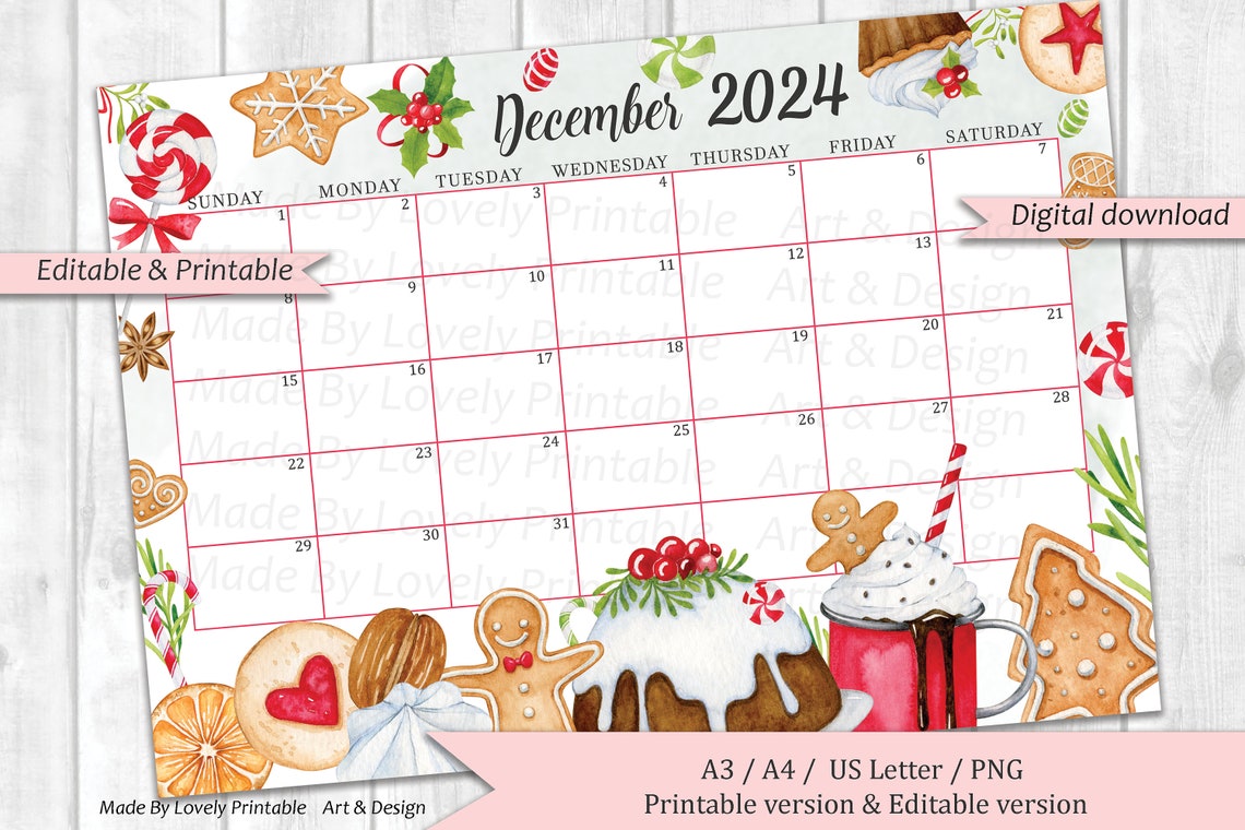 EDITABLE December 2024 Calendar, Christmas Sweets & Drinks, Printable ...