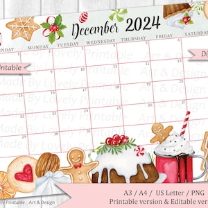 EDITABLE December 2024 Calendar, Christmas Sweets & Drinks, Printable ...