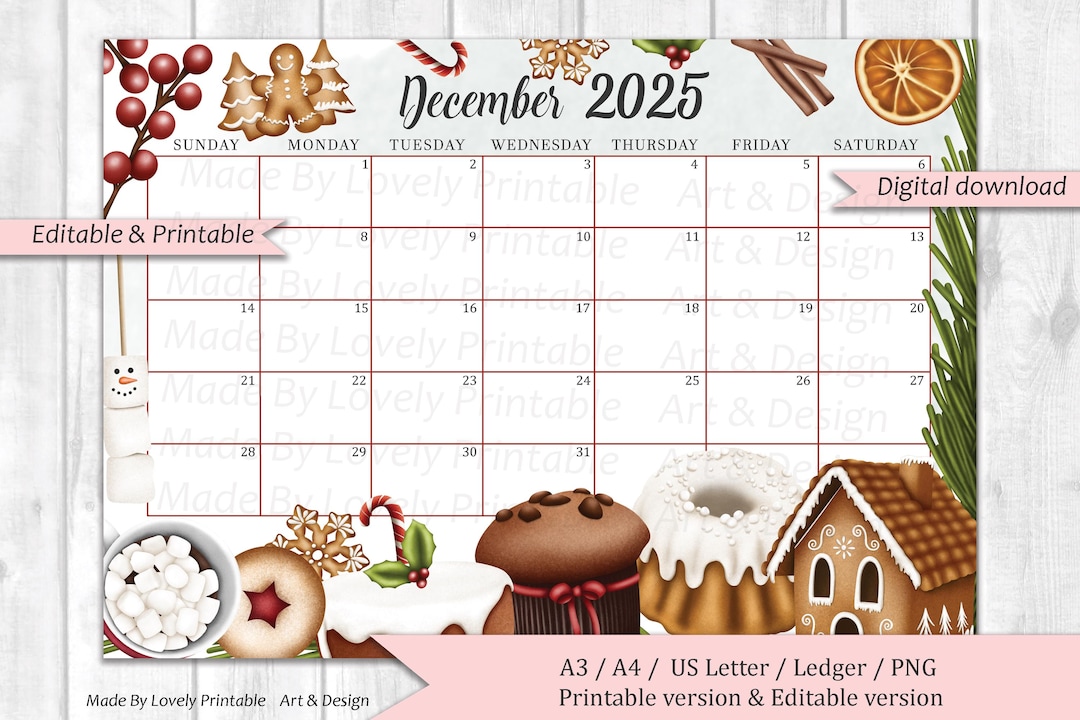 EDITABLE December 2025 Calendar, Christmas Sweets & Drinks, Printable ...