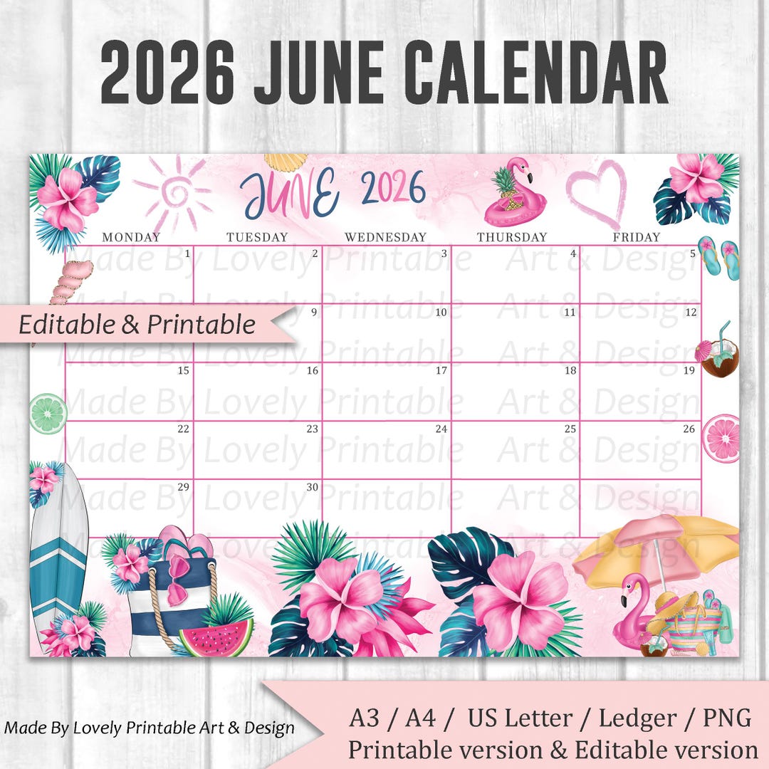 EDITABLE June Calendar, Summer at the Beach, Sun and Beach, Calendar ...