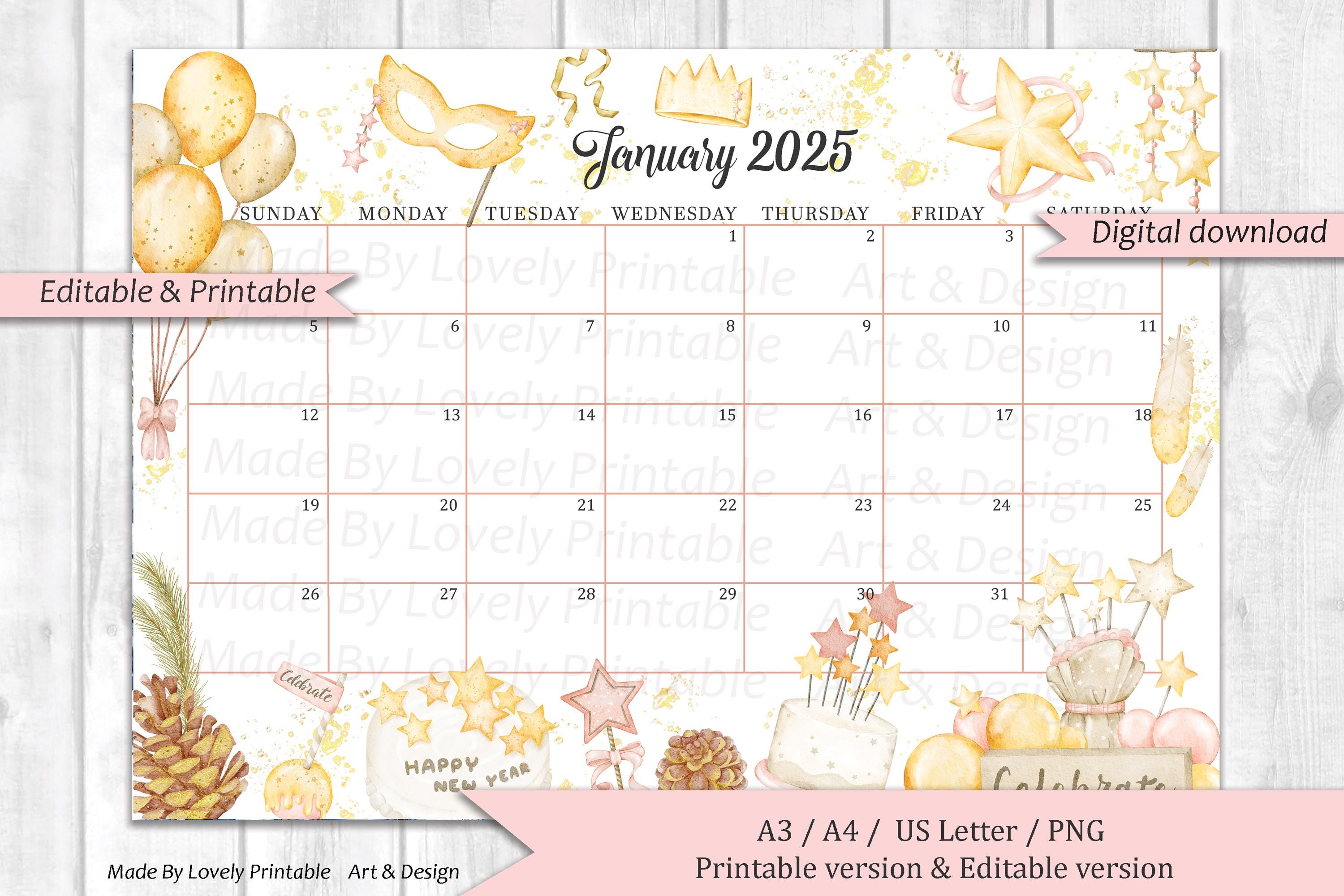 EDITABLE January 2025 Calendar, New Year Celebration, Kids School ...