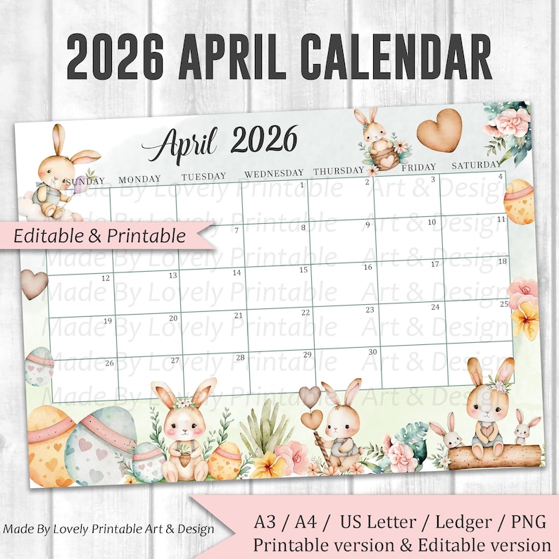 EDITABLE April 2026 Calendar, Monthly Planner, Happy Easter Day, Cute ...