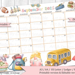 EDITABLE September 2025 Calendar, Gnomes Cute Back to School, Calendar ...