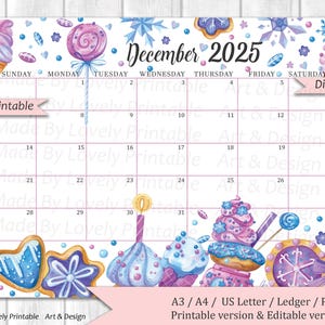 EDITABLE December 2025 Calendar, Christmas Sweets & Drinks, Printable ...