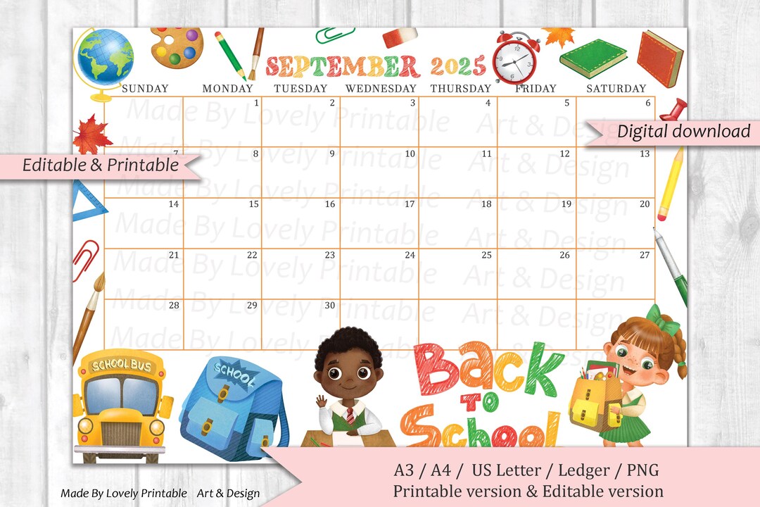 EDITABLE September 2025 Calendar, Cute Back to School Planner, Calendar ...