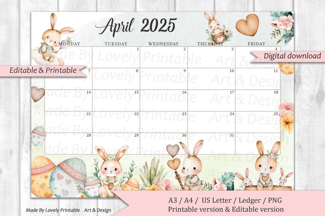 EDITABLE April 2025 Calendar, Monthly Planner, Happy Easter Day, Cute ...