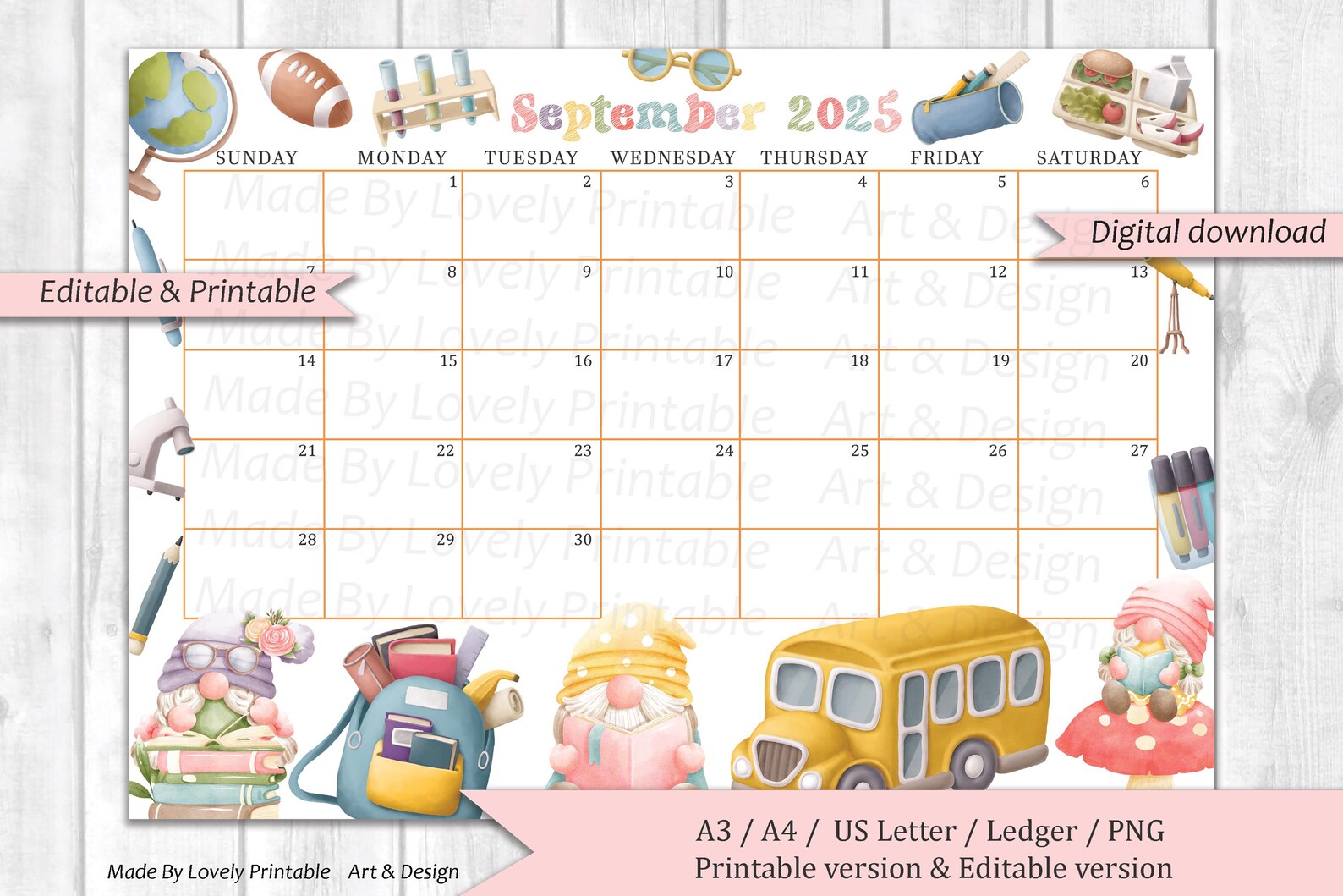 EDITABLE September 2025 Calendar, Gnomes Cute Back to School, Calendar ...