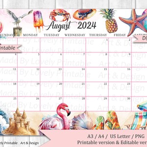 EDITABLE August Calendar, Summer at the Beach, Cute Sun and Fresh Fruit ...
