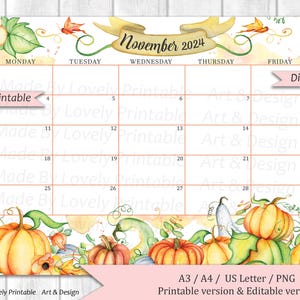 EDITABLE November 2024 Calendar, Happy Thanksgiving Pumpkins Watercolor ...