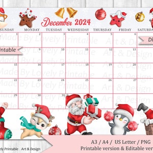EDITABLE December Calendar, Funny Christmas, Santa & Deer and Pinguin ...