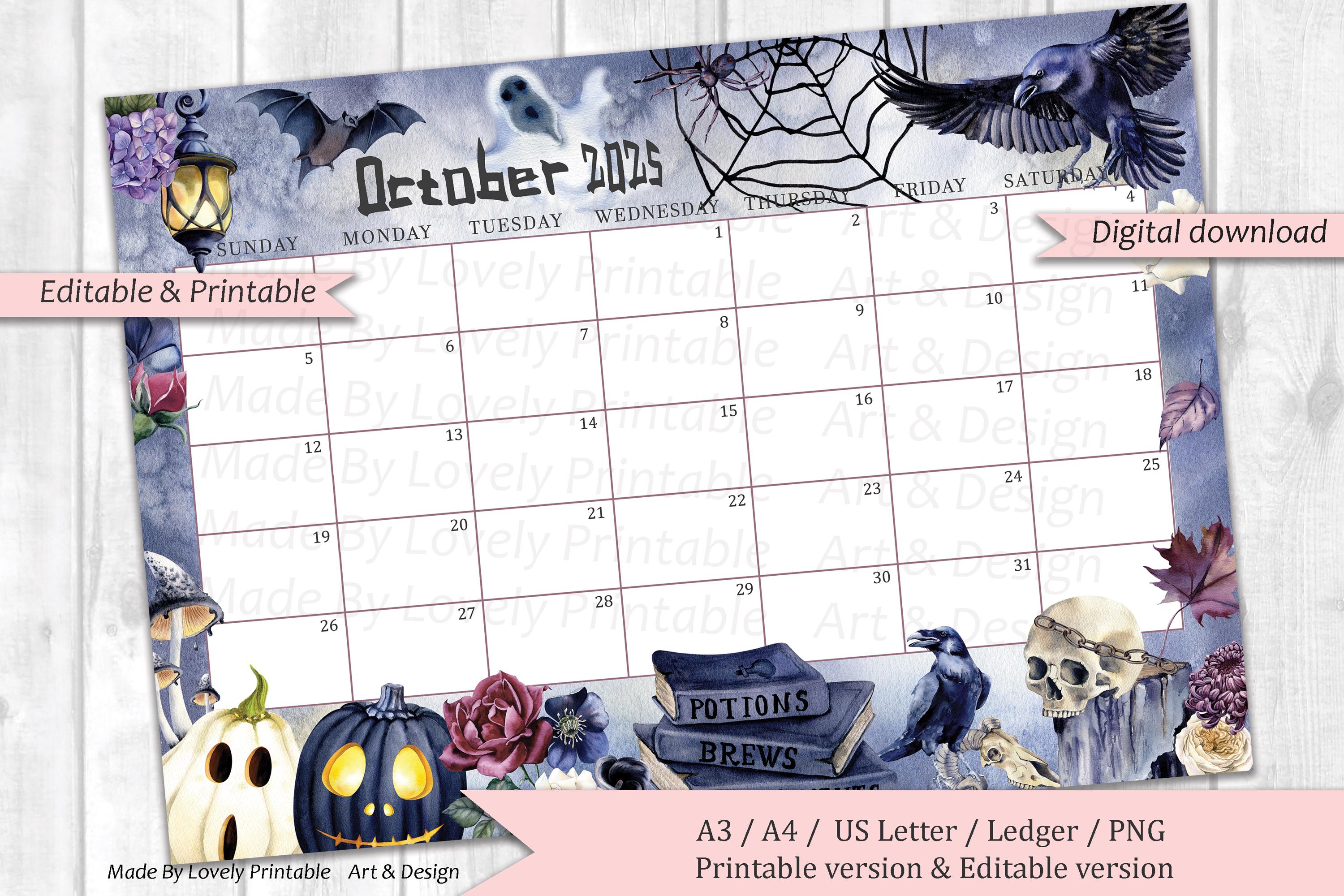 EDITABLE October 2025 Calendar, Happy Spooky Halloween Planner ...