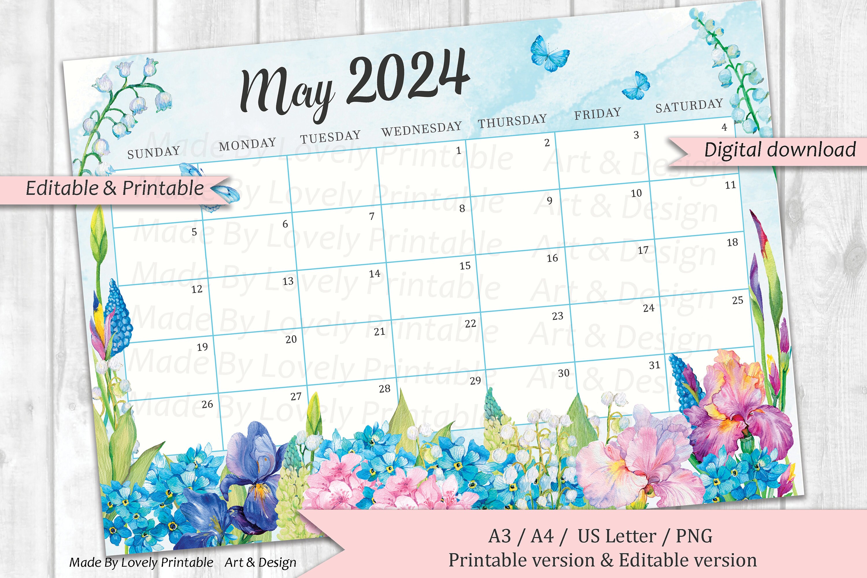 EDITABLE May 2024 Calendar, Watercolor Spring Flowers, Garden Scenery ...