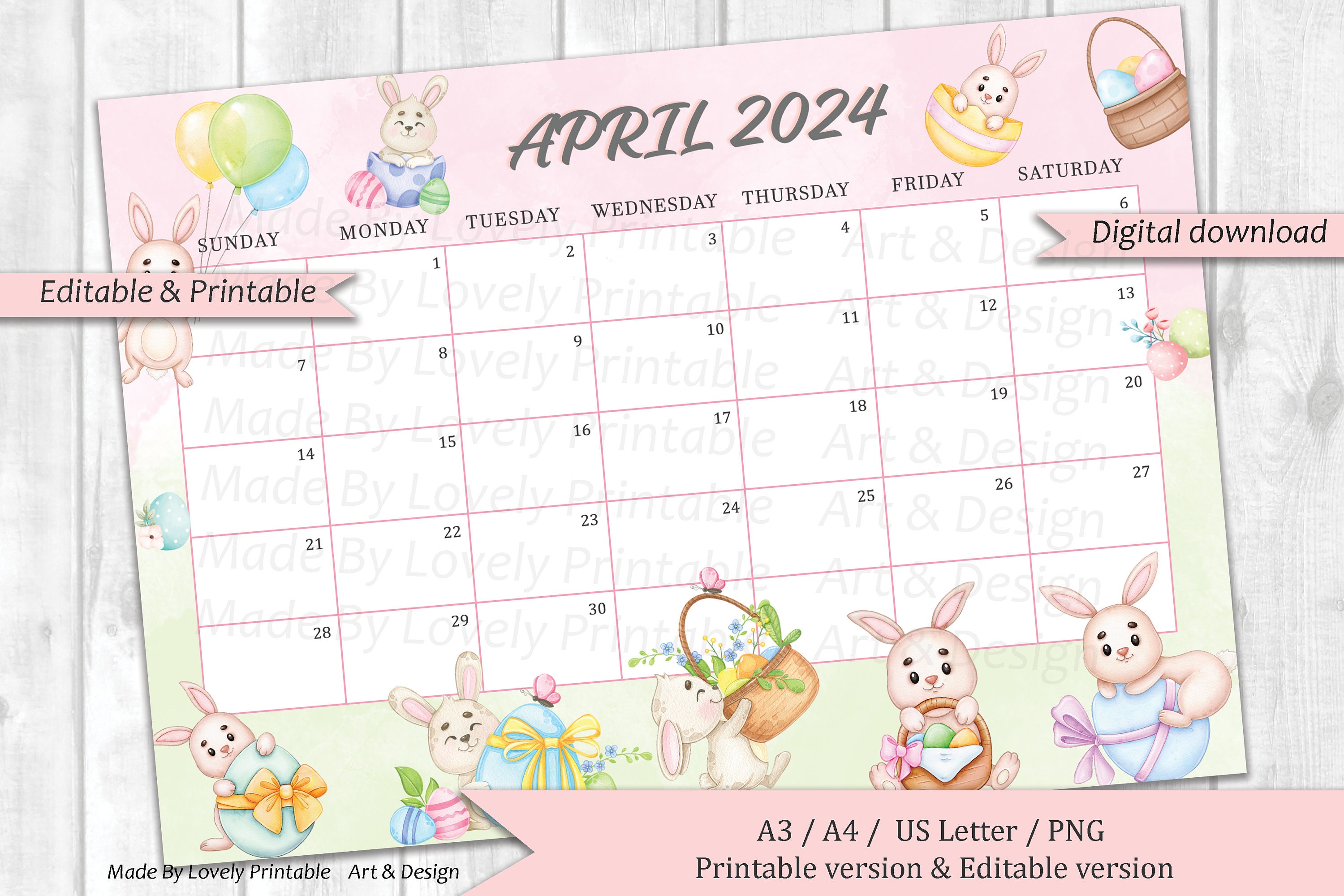 EDITABLE April 2024 Calendar, Happy Easter Day With Cute Bunnies ...