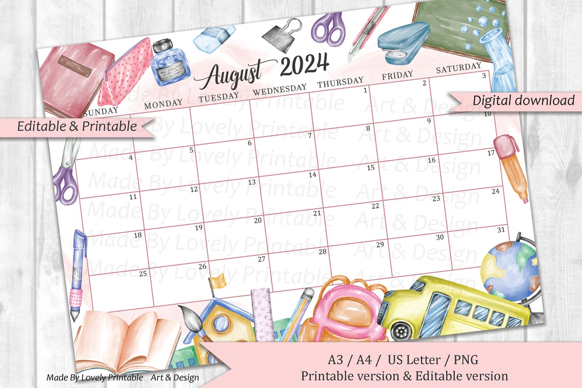 EDITABLE August 2024 Calendar, Back to School Planner, Calendar for ...