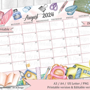 EDITABLE August 2024 Calendar, Back to School Planner, Calendar for ...
