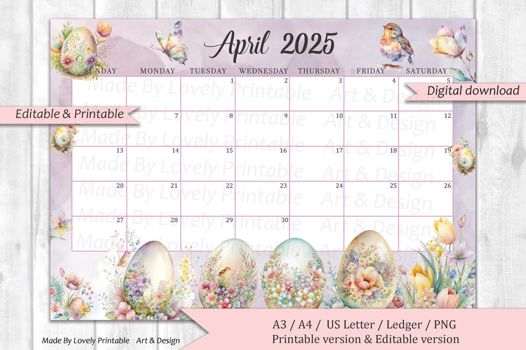 EDITABLE April 2025 Calendar, Monthly Planner, Happy Easter Day ...