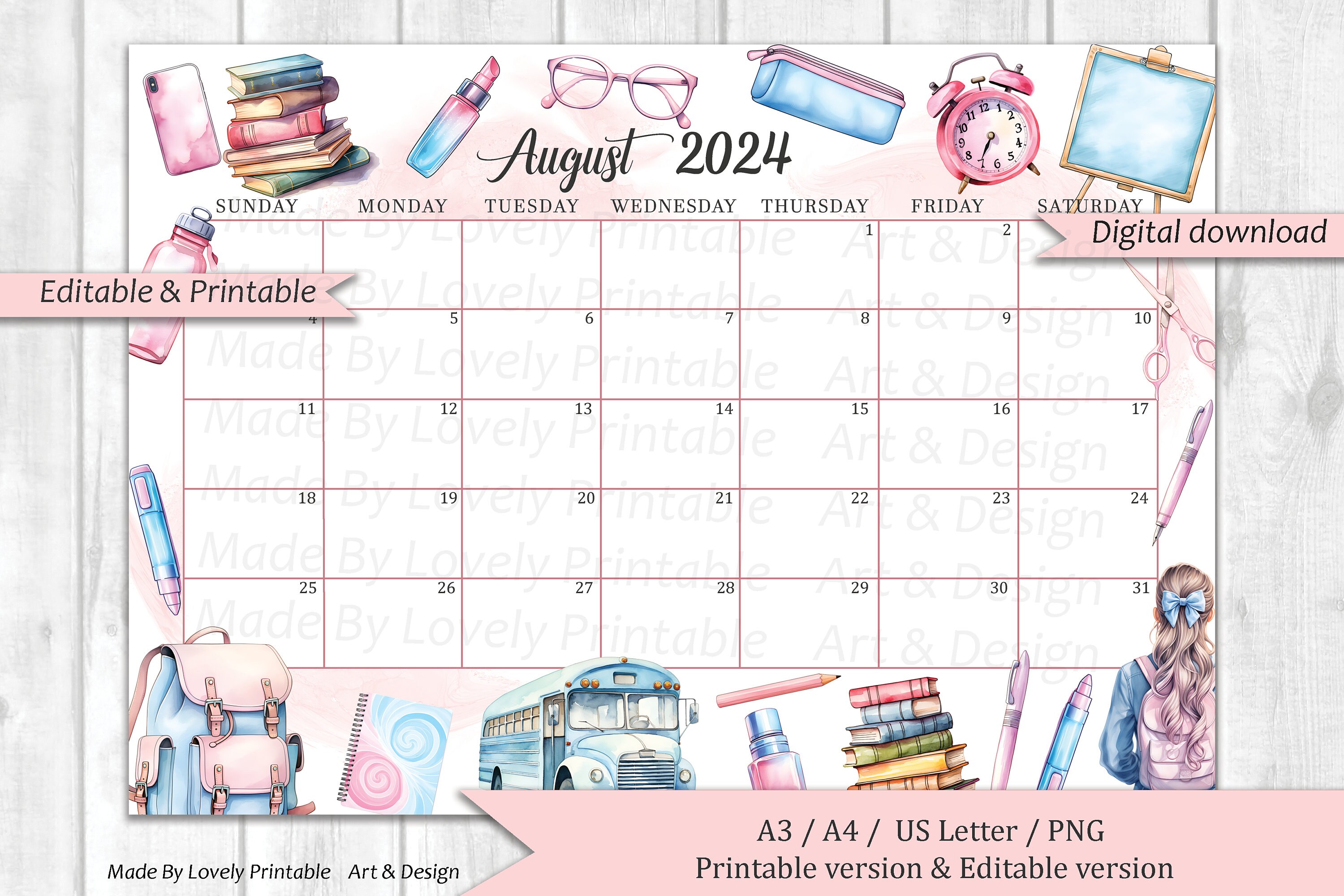 EDITABLE August 2024 Calendar, Cute Back to School Planner, Calendar ...